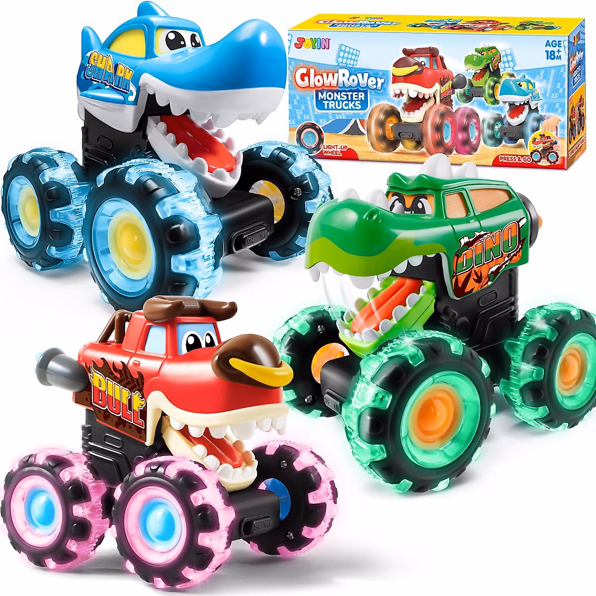 JOYIN 3 Pack Monster Truck Toy - Motion Activated Light-Up Cars for Toddlers - Monster Treads Lightning Wheels - Baby Toy Present - Press & Go Cars for Boys Girls Birthday Gifts Easter Basket Stuffer