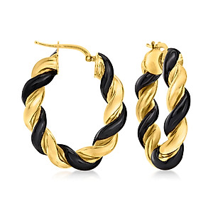 Ross-Simons Italian Black Enamel and 18kt Gold Over Sterling Twist Hoop Earrings