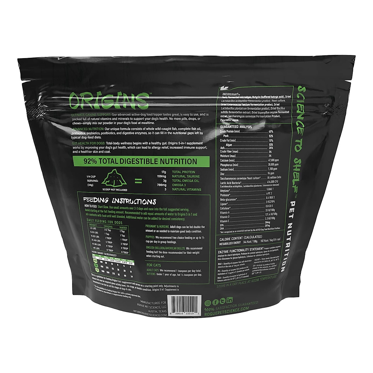 ROGUE PET SCIENCE Origins 5-in-1 Dog Supplement - Powdered Food Topper w/Natural Heirloom Pork Protein- Supports Healthy Digestion, Skin, and Coat - Helps Reduce Itching & Joint Inflammation (2 lbs)