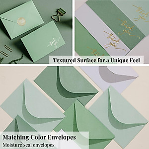 Gold Foil Thank You Cards - Bulk Pack of 40, 5x3.5 Inch with Matching Stickers & Envelopes (Green) Textured Surface for a Unique Feel - Suitable for Baby Shower, Wedding, Small Business, Graduation
