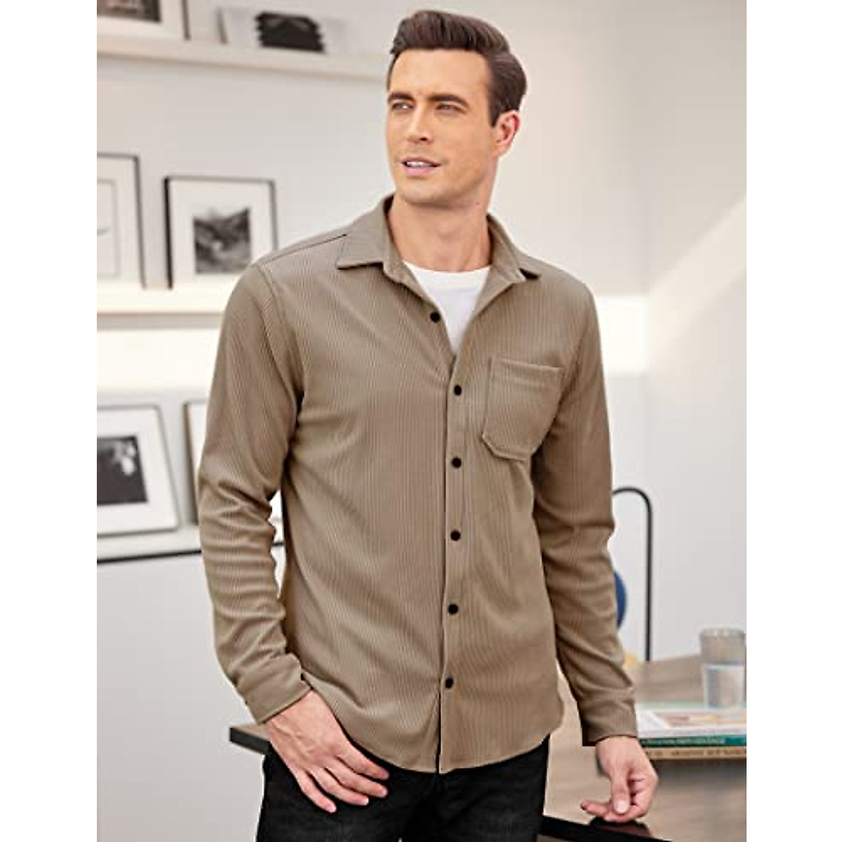 COOFANDY Men's Corduroy Shirt Jacket Slim Fit Button up Work Shirt with Two Flap Pockets Brown