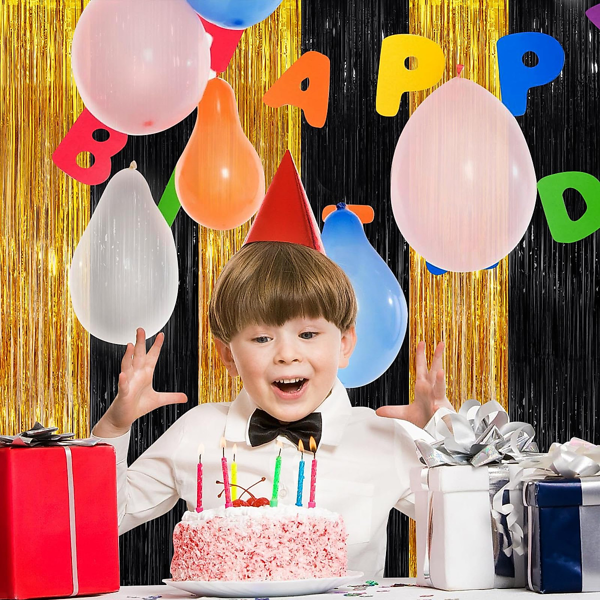 Black Gold Metallic Tinsel Foil Fringe Curtains, 2 Pack 3.3x8.3 Feet Party Streamer for Birthday Party Decorations, Halloween Decor, Foil Curtain Backdrop for Bachelorette Party