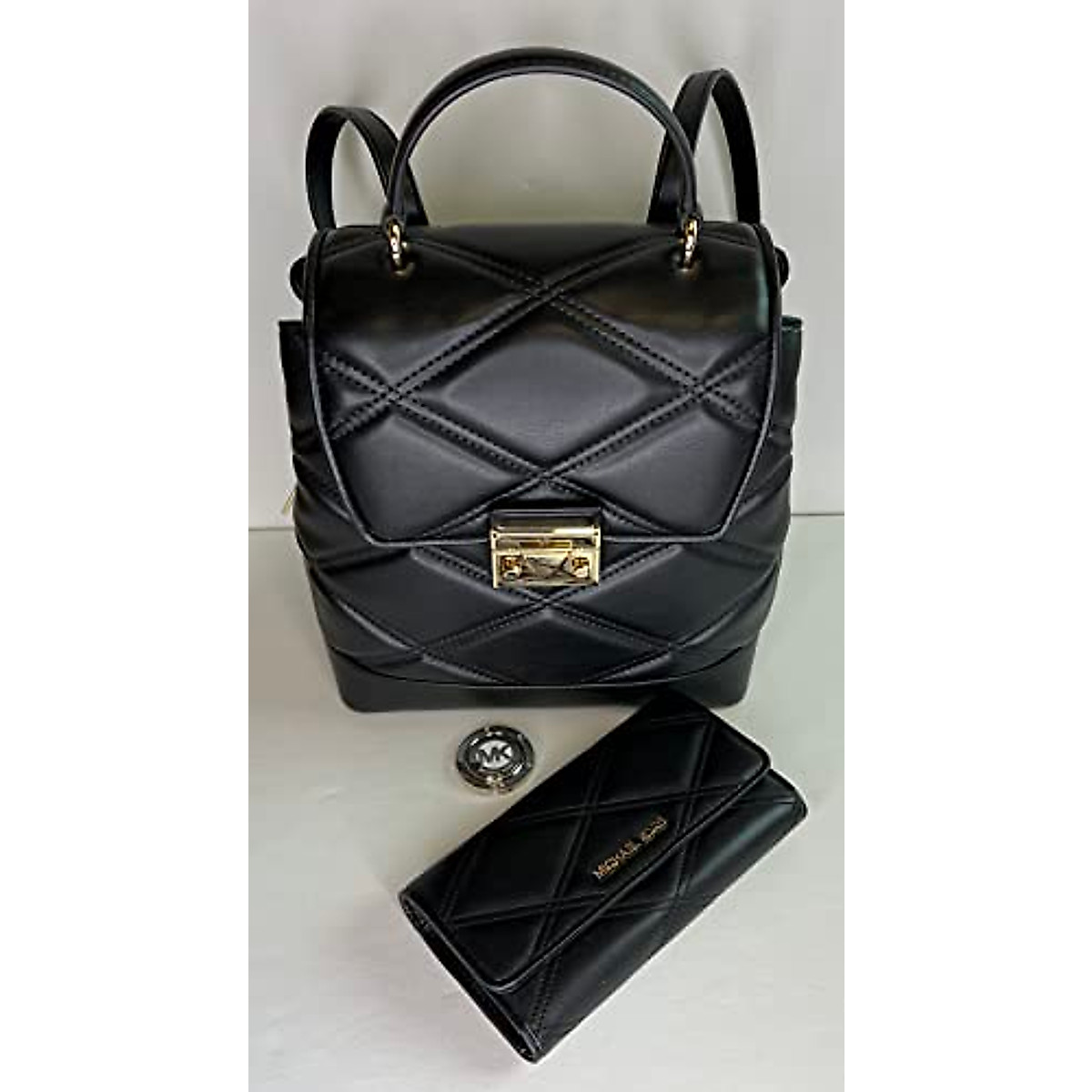 Michael Kors Serena MD Flap Backpack bundled with Trifold Wallet and Purse Hook (Black)