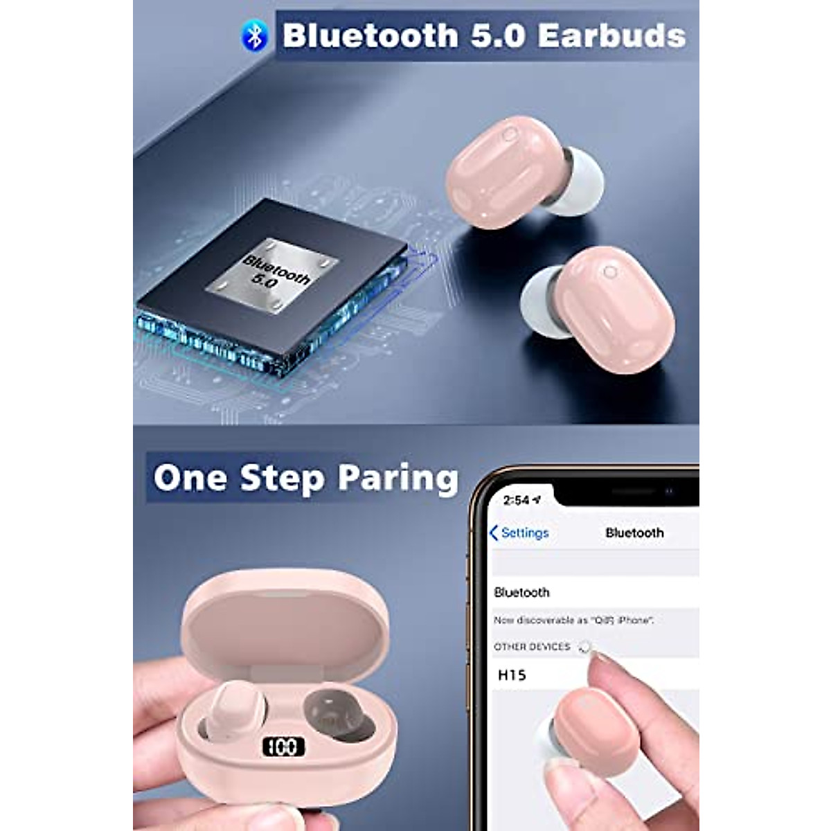 Wireless Earbuds, Bluetooth Earphones Stereo HiFi Sound Noise Cancelling with Built-in Microphone, True Wireless Headphones In-Ear Earbuds for Sports and Work, Compatible with iPhone, Android- Pink