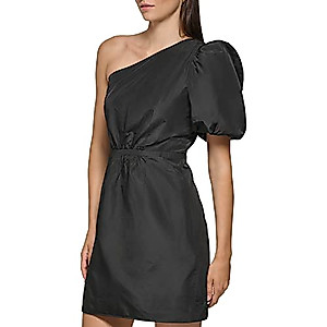 Karl Lagerfeld Paris Women's Taffeta Sheath with One Shoulder Puff Sleeve, Black