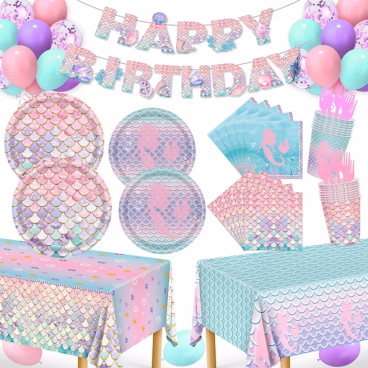 Mermaid Birthday Decorations, 147Pcs Mermaid Party Supplies-Serves 24 with Mermaid Plates and Napkins Tablecloth and Birthday Banner Balloons for Mermaid Theme Party Decorations