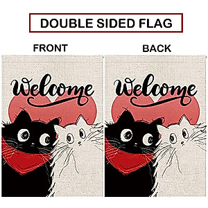 Valentines Day Garden Flag Cat Welcome Valentines Garden Flag Love Heart Home Burlap Double Sided Yard Decor 12.5x18 Inch