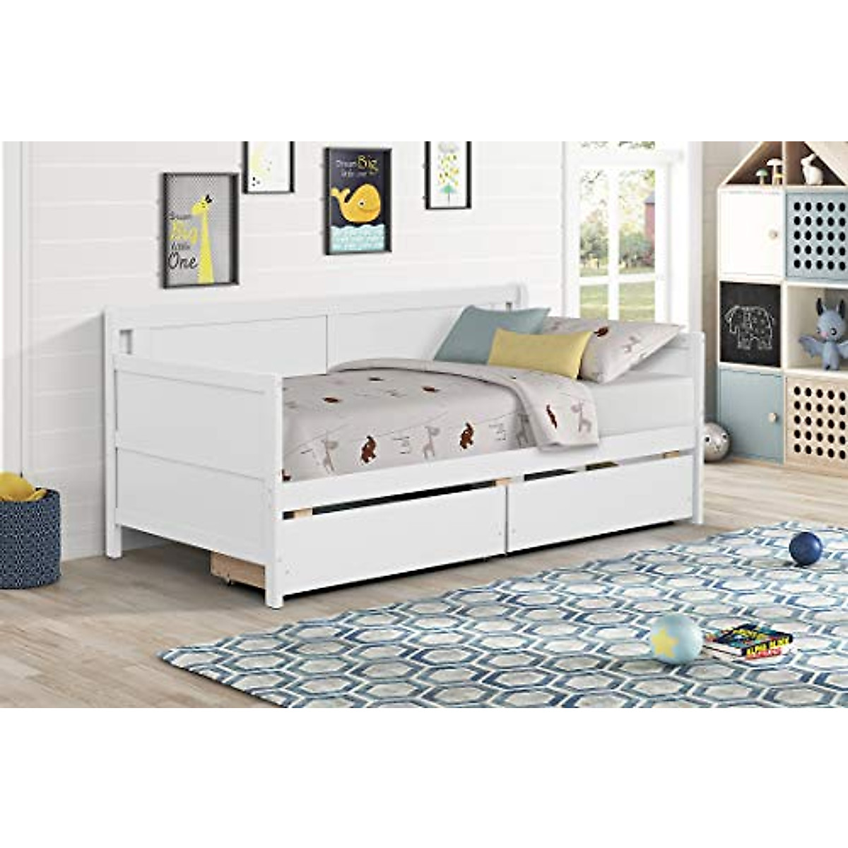 AWQM Twin Bed Frame with Storage & 2 Drawers,Wood Twin Platform Bed Frame with Headboard and Footboard,Twin Daybed for Kids Toddler Girls Boys, No Box Spring Needed,White