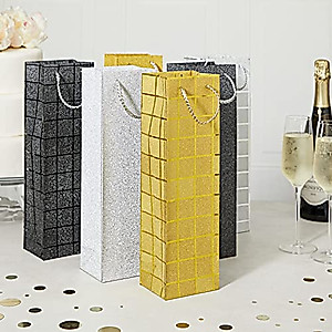 Juvale 6 Pack Foiled Glitter Wine Bottle Gift Bags with Handles for Holidays, New Years, Birthdays (Silver, Black, Gold, 3.8 x 14 x 3.3 In)
