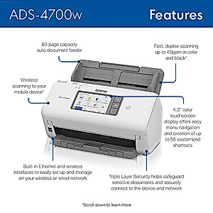 Brother ADS-4700W Professional Desktop Scanner with Fast Scan Speeds, Duplex, Wireless, and Large Touchscreen