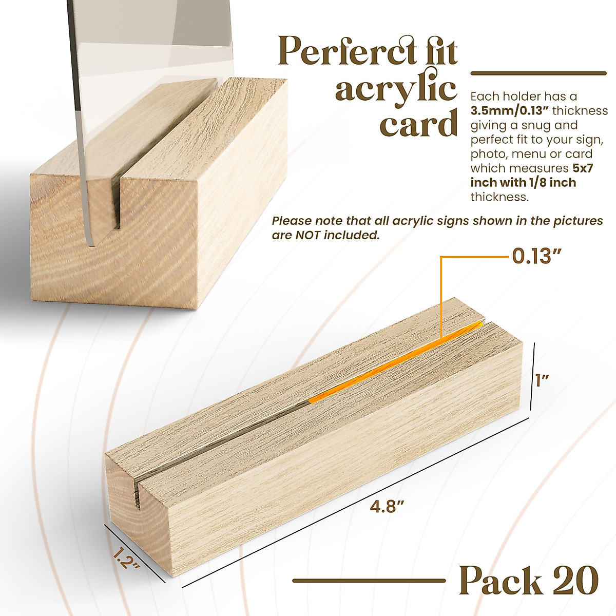 Tidita Place Card Holder 4.8x1.2x1- Wood Acrylic Sign Holders 20 Pack - Oak Wood Table Card Display Stands, Perfect for Table Number Signs, Wedding Party Events (Natural Color Pack20)
