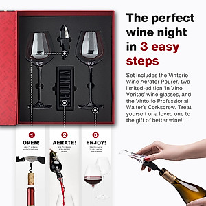Vintorio Wine Glass, Aerator, and Corkscrew Set Essential Wine Gift Box - Open, Decant, and Enjoy