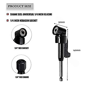 Right Angle Drill Attachment 105 Degree Impact Driver Right Angle Drill Adapter Power Angled Screwdriver Drill Bit Extension Drill Bit Holder for Tight Space Long & Short- BLK