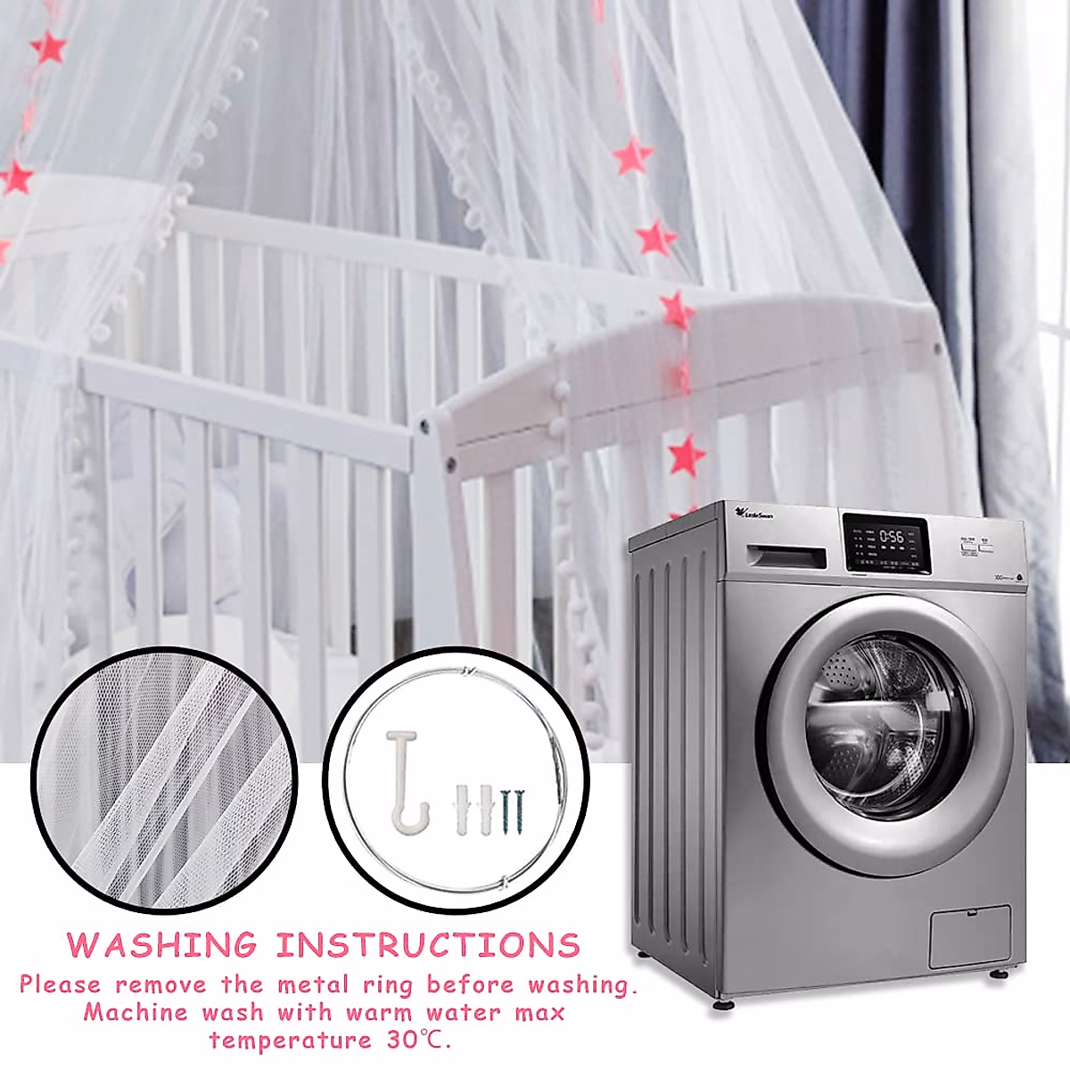 Bed Canopy for Kids - Bed Canopy Mosquito Net with Pom Poms and Felt Stars by Kiddigard - Bed Canopy for Girls - Bed Canopy Baby - Bed Canopy Set.