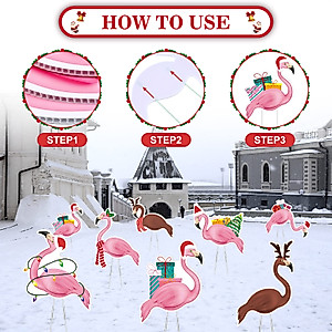 8 Pieces Flamingo Christmas Yard Signs Stakes Pink Flamingo Lawn Decorations Summer Tropical Flamingo Yard Decorations for Outdoor Garden Home Xmas Party