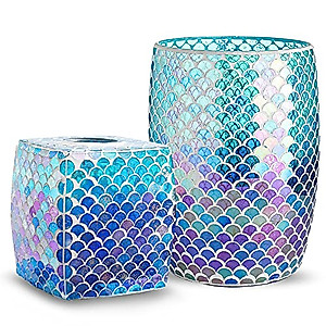 WHOLE HOUSEWARES Bathroom Wastebasket - Glass Mosaic Decorative Trash Can Dia 7.5" H 10" (Fan Shape) and Mosaic Glass Tissue Holder Decorative Tissue Cover Square Box (Fan Shape)