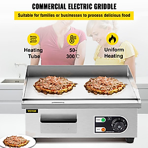 VEVOR 14" Electric Countertop Flat Top Griddle 110V 1500W Non-Stick Commercial Electric Griddles Restaurant Teppanyaki Grill Stainless Steel Adjustable Temperature Control 122°F-572°F, Sliver