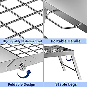 Skyflame Folding Campfire Grill, Portable Stainless Steel Camping Grill Grate and Camp Grill Griddle with Collapsible Legs for Versatile Outdoor Backpacking BBQ Over Fire Pit Cooking