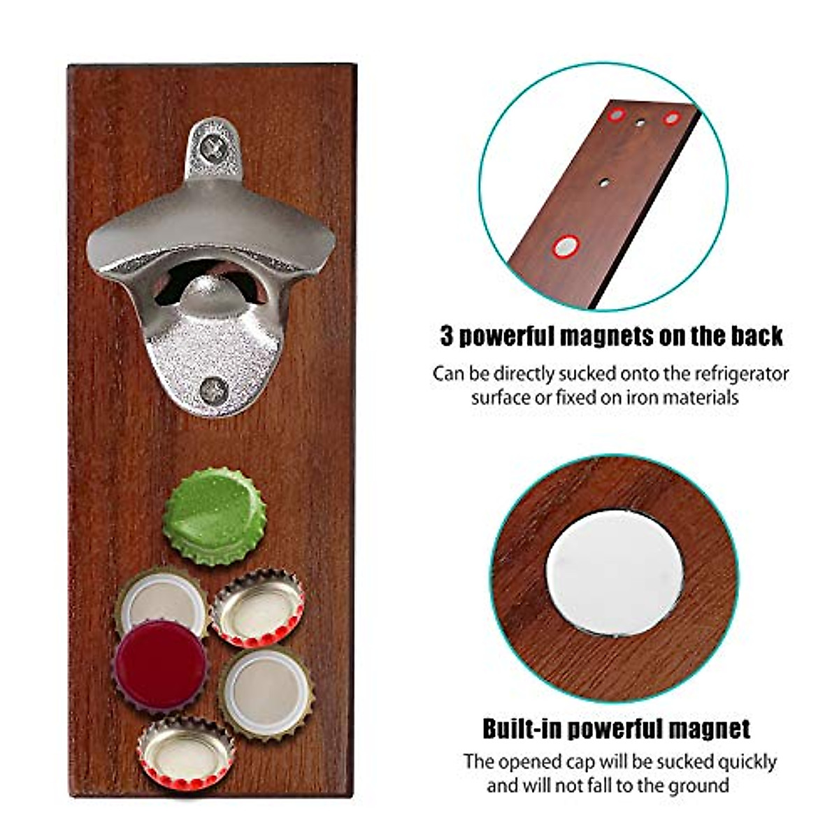 Beer Bottle Opener With Strong Magnet, Used on Refrigerator or Metal Surface, Convenient for One-handed Operation, Open Bottles, Collect Bottle Caps, Brown, 7.87*3.14*0.15