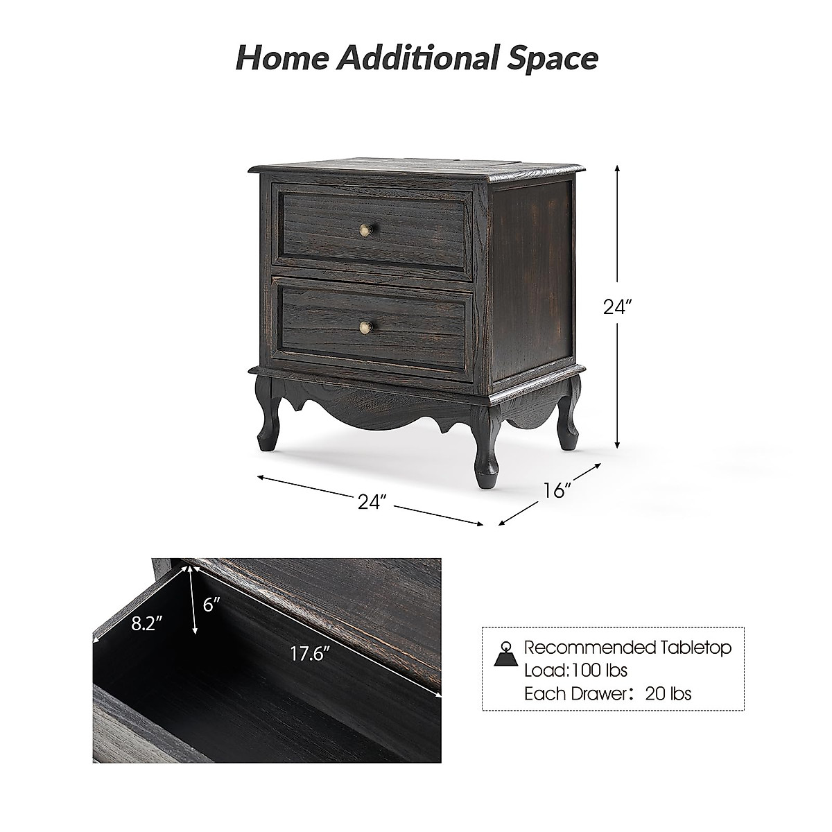 HULALA HOME Wood Nightstands Set of 2 with Charging Station Space, Bedside Tables 2 Drawer Dressers with Drawer and Wooden Legs, French Storages End Tables for Bedroom Living Room, Charcoal