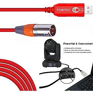 Feanteek USB to DMX Adapter RS485 Converter 3PIN XLR Male DMX512 Freestyler Software PC Control Dimmer Cable with FTDI Chip Support Win10 Mac OS(6ft/1.8m), Red