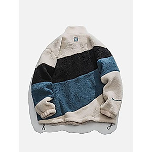 Aelfric Eden Mens Color Patchwork Oversized Sweater Sherpa Jackets Faux Shearling Shaggy Full-Zip Jackets Warm Fuzzy Coats