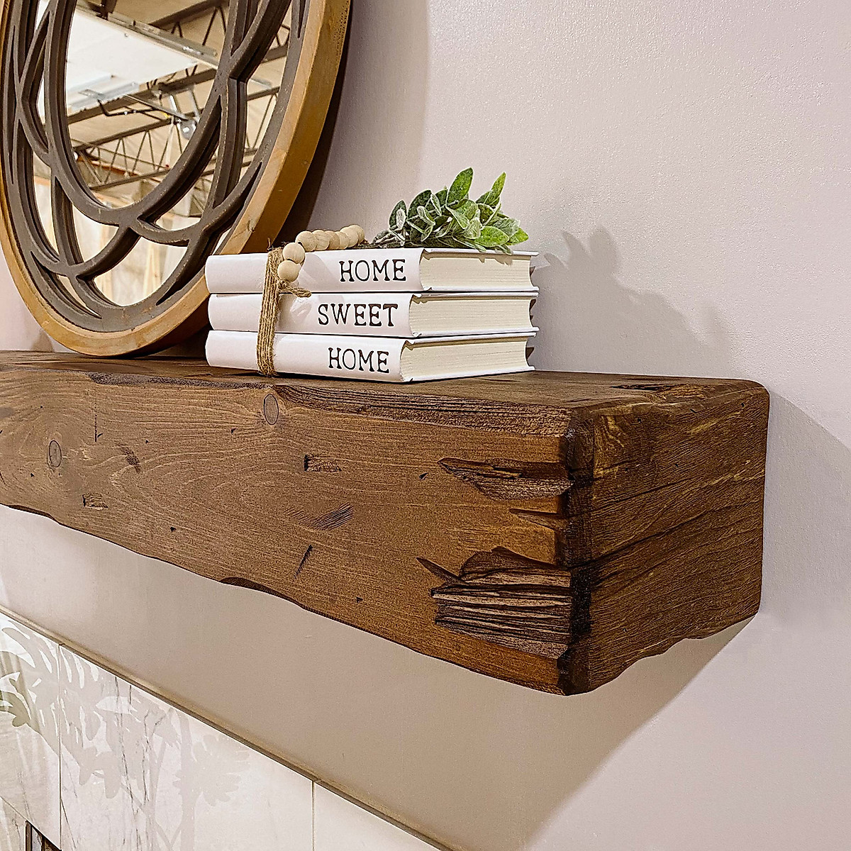 Urbandi 1 tier Fireplace Mantel, Distressed, Rustic, Floating Shelf, Modern, Real Wood. (60Lx6Hx8D, Provincial)