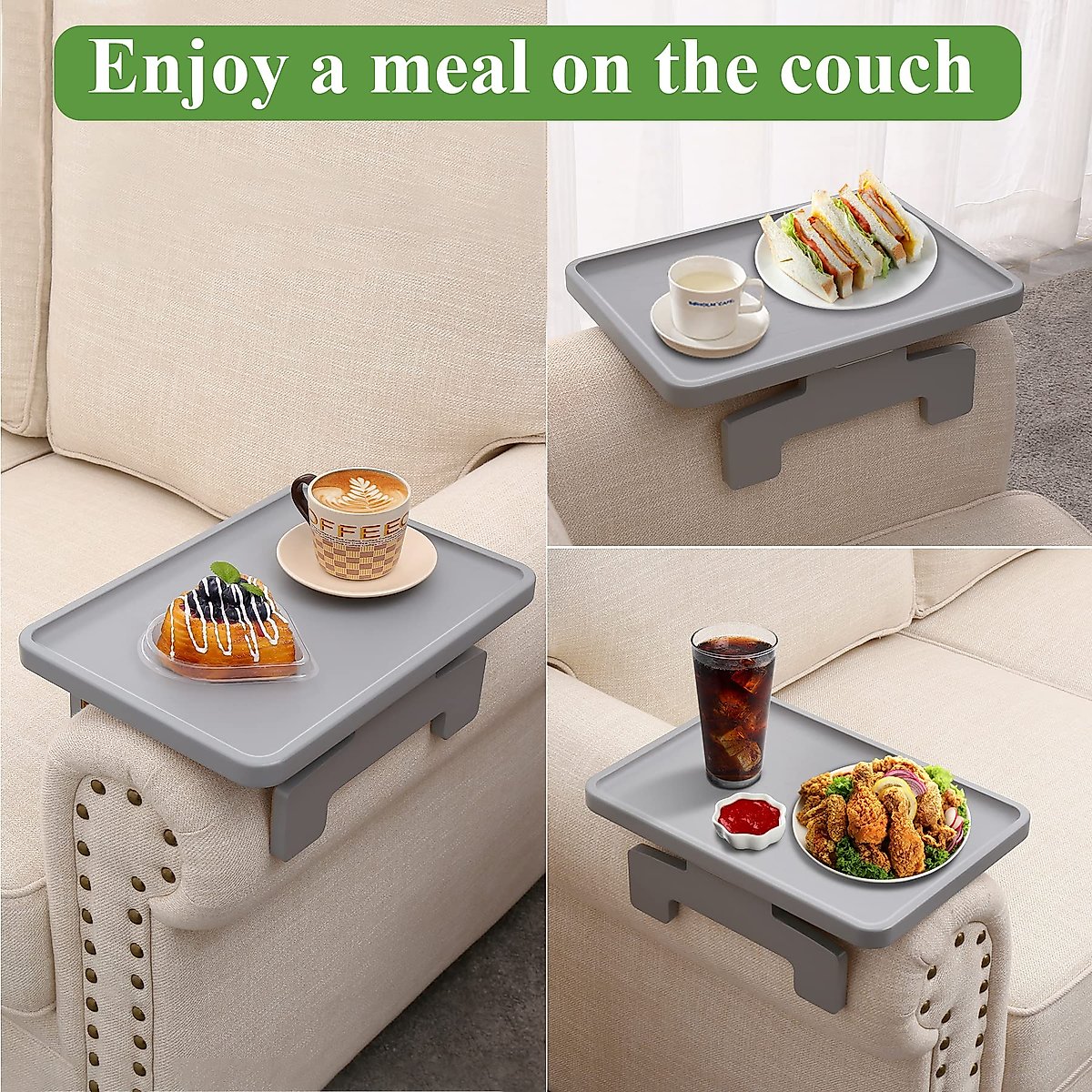 SINWANT Sofa Arm Clip Table,Sofa Arm Tray Table for Couch,Arm Rest Table Suitable for Home Drinks/Eat/Fruit,Sofa Tray Table for Couch Tray,Coffee Table & Side Tables for Small Spaces, Grey