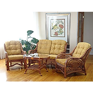 SK New Interiors Malibu Lounge Living Accent Armchair Natural Rattan Wicker Handmade Design with Light Brown Cushion, Colonial