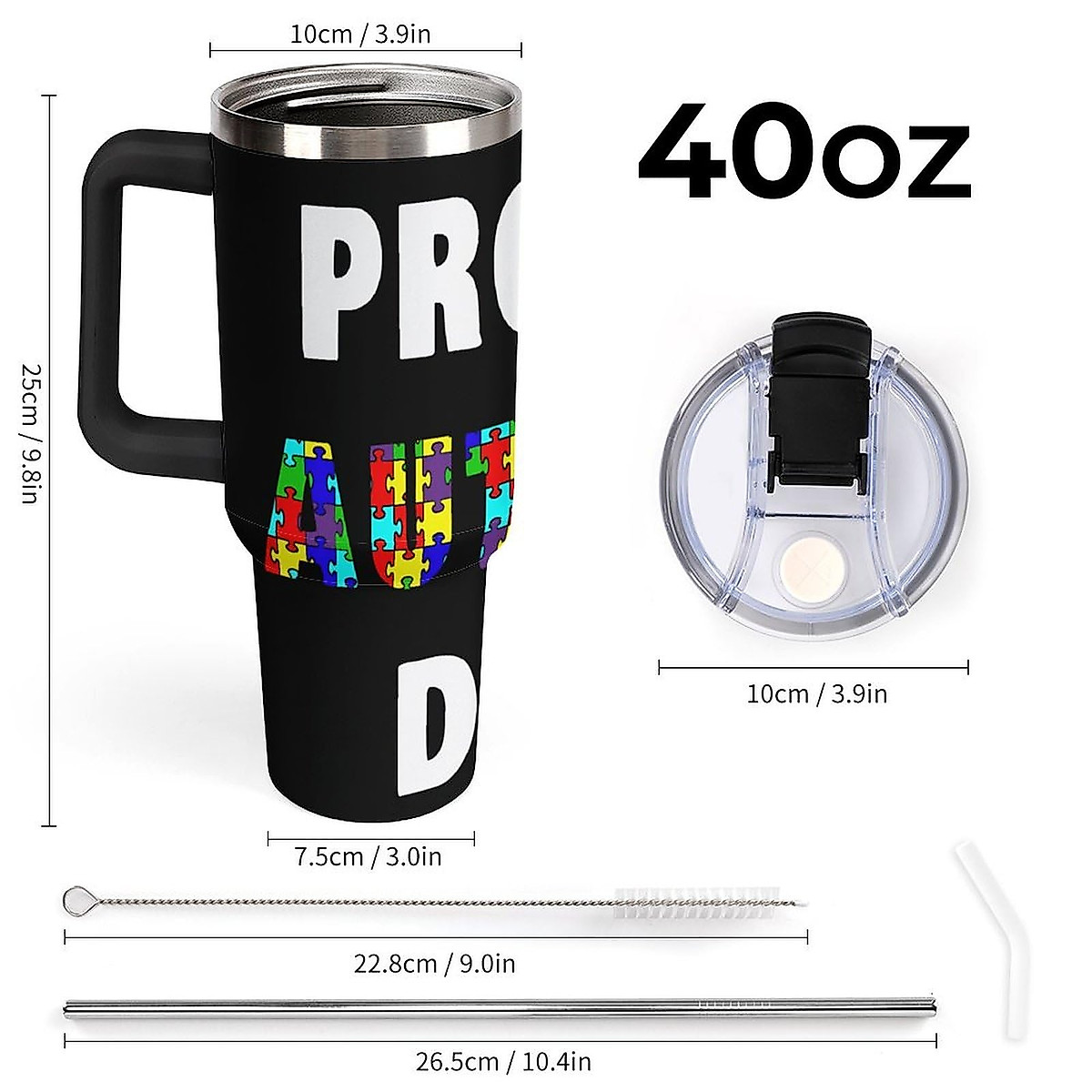 Proud Autism Dad Autism Awareness 40 Oz Tumbler with Handle And Straw Lid,Insulated Reusable Stainless Steel Travel Glass Mug 40 Ounces