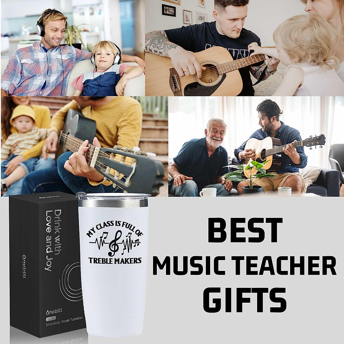 Onebttl Funny Music Teacher Gifts For Men, Women - My Class is Full of Treble Makers - 20 oz/590 ml Stainless Steel Insulated Tumbler with Straw, Lid - Music Lover Musical Themed Gifts - (White)