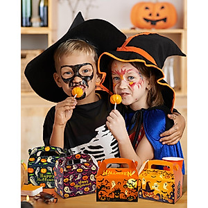 Liobelon 24 Pieces Halloween Treat Boxes Trick or Treat Bags Halloween Goodie Bags Halloween Cookies Goodie Boxes With Handles Ghost Gift Boxes Halloween Party Supplies for Sweets, Toys, Pastry, Gifts