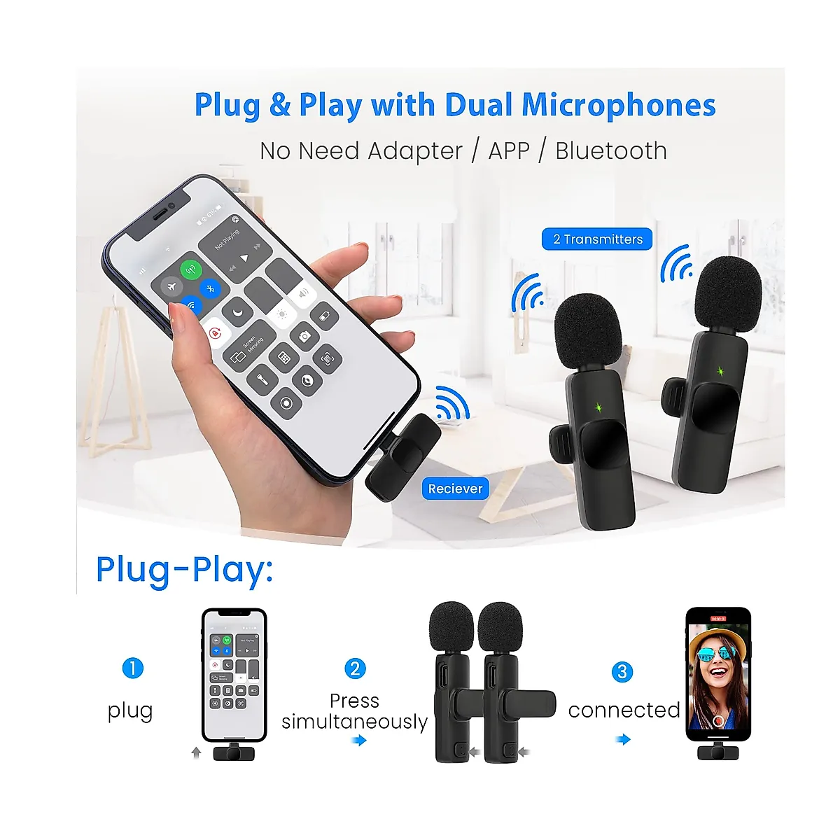 Wireless Lavalier Microphone for iPhone 7 8 X XR XS 11 12 13 14 Max Pro SE - 2.4GHz Plug&Play Lapel Mic with Clip for Video Recording YouTube Tiktok Facebook Live Stream Vlogging | Black
