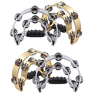 4 Pack Handheld Tambourine with Metal Jingles, Panderos Para Adultos, Panderos De Danza Cristianos, Tambourines Musical Instrument, Half Moon Percussion Musical Tambourine for Church, Party, KTV