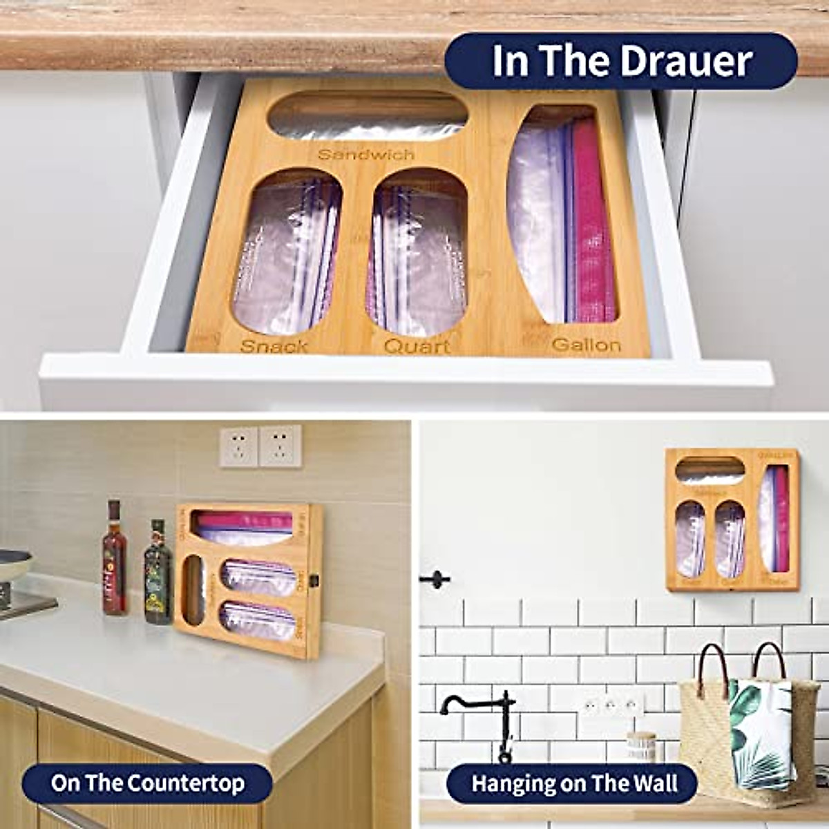QUALLON Plastic Bag Storage Organizer Drawer or Wall Mount,Plastic Bag Organizer, Sandwich Bag Organizer, Baggie Organizer,Plastic Bag Storage for Drawer Kitchen Gallon Quart Snack Holders Dispenser