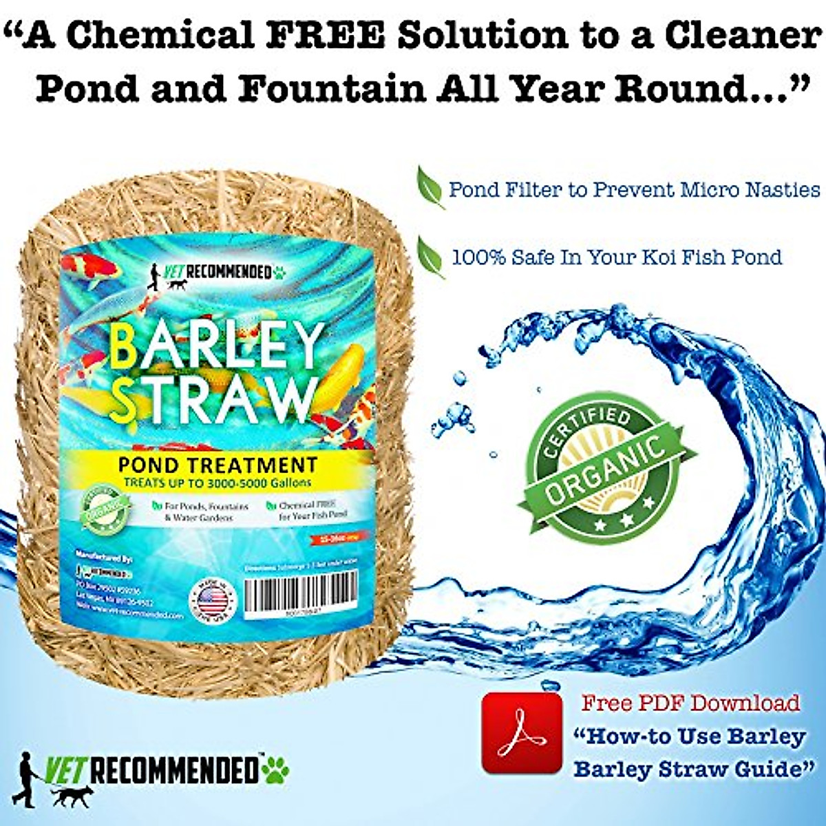 Vet Recommended Barley Straw for Fish Ponds and Fountain (16 Oz). Treats up to 3000 to 5000 Gallons, 100% Safe & Natural Pond Cleaner. Keeps Your Water Garden Clean & Fresh. Made in USA