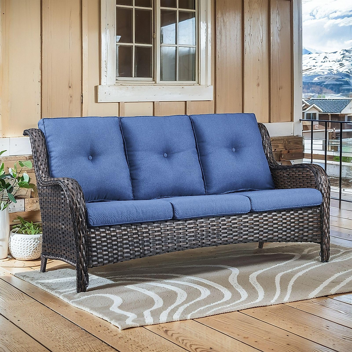 Belord Outdoor Furniture 3-Seater Rattan Sofa Patio Wicker Sofa Couch Furniture Set with Washable Cushions