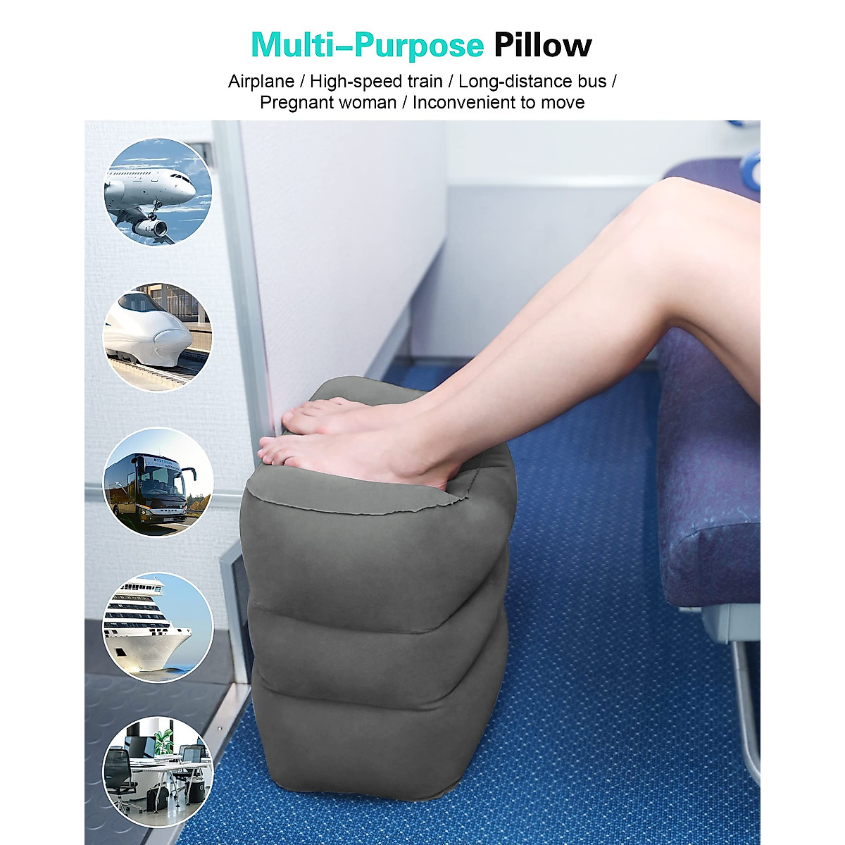 Inflatable Foot Rest for Air Travel, Airplane Footrest Adjustable Height Travel Foot Pillow Kids Bed,Portable Foot Rest Pillow for Kids & Adults on Plane,Car,Train,Office 2Pack (Dark Grey)