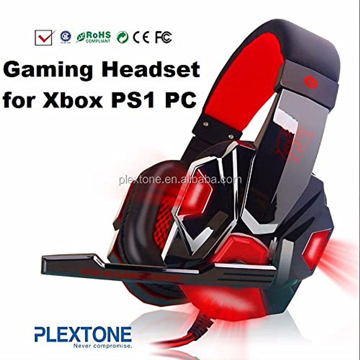Plextone PC780 Gaming Headset with Microphone Stereo Bass Earphone for PC, Xbox One, PS4, Mac, Mobile and VR (Black and Red)