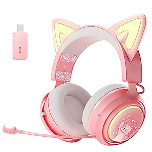 SOMIC GS510 Cat Ear Headset Wireless Gaming Headset for PS5/ PS4/ PC, Pink Headset 2.4G with Retractable Mic, 7.1 Stereo Sound, 8Hrs Playtime, RGB Lighting for Girls (Xbox Only Work in Wired Mode)