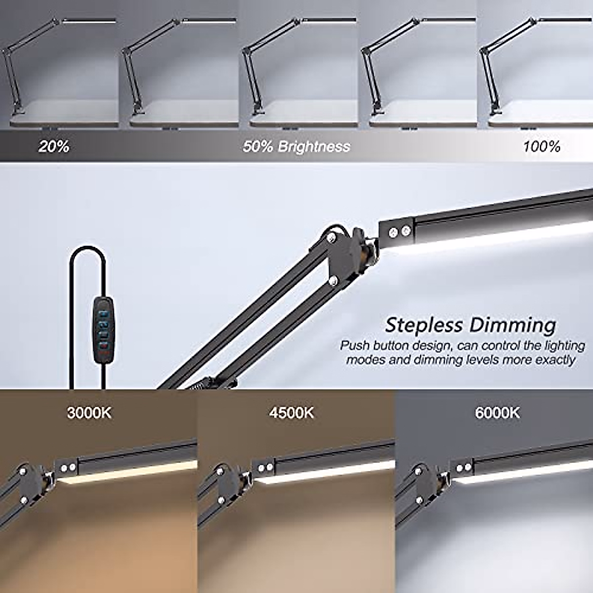 LED Desk Lamp,Adjustable Swing Arm Desk Lamp with Clamp,Dimmable Desk Light Eye-Care Table Light, Memory Function, 3 Color Modes, 10-Level Brightness Table Lamp for Home, Office, Study, Reading