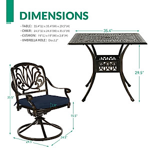 VIVIJASON 5-Piece Outdoor Patio Dining Set, All-Weather Cast Aluminum Conversation Set, Patio Furniture Set, Include 4 Swivel Dining Chairs, a 35.4" Square Table w/Umbrella Hole, Navy Blue Cushion
