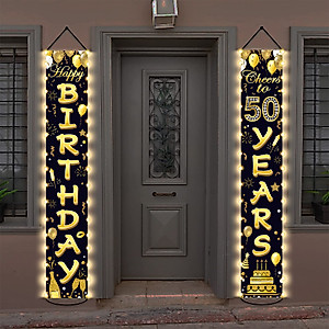 50th Birthday Party Banner Lighted Decorations for Women Men 50 Year Old Lighted Door Banners Black Gold Cheers to 50 Years Birthday Party Supplies Porch Sign with LED Light for Outside Lighted Decor