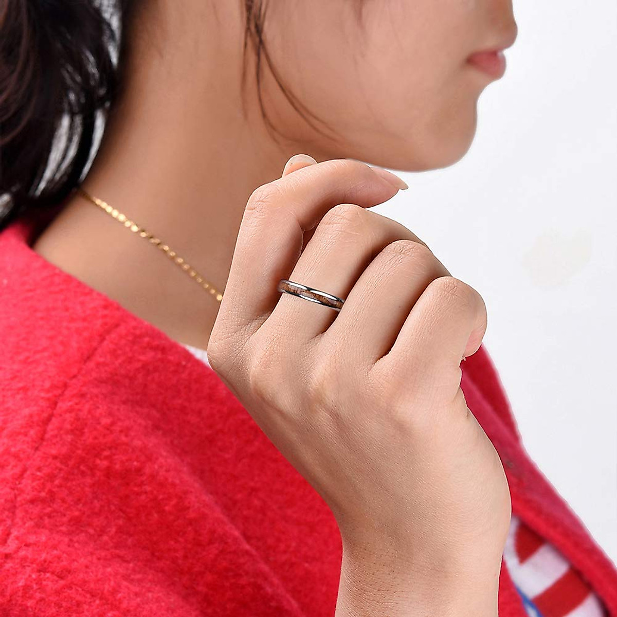 THREE KEYS JEWELRY 4mm White Tungsten Carbide Wedding Ring for Women with Koa Wood Inlay Domed Wedding Band Engagement Ring Comfort Fit Size 8