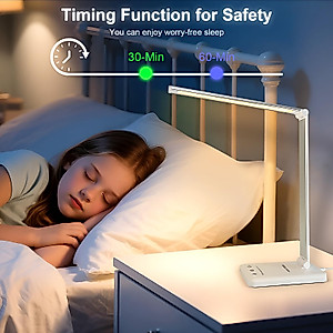 White crown LED Desk Lamp Dimmable Table Lamp Reading Lamp with USB Charging Port 5 Lighting Modes, Sensitive Control, 30/60 min Auto-Off Timer, Eye-Caring Office Lamp (Silver)