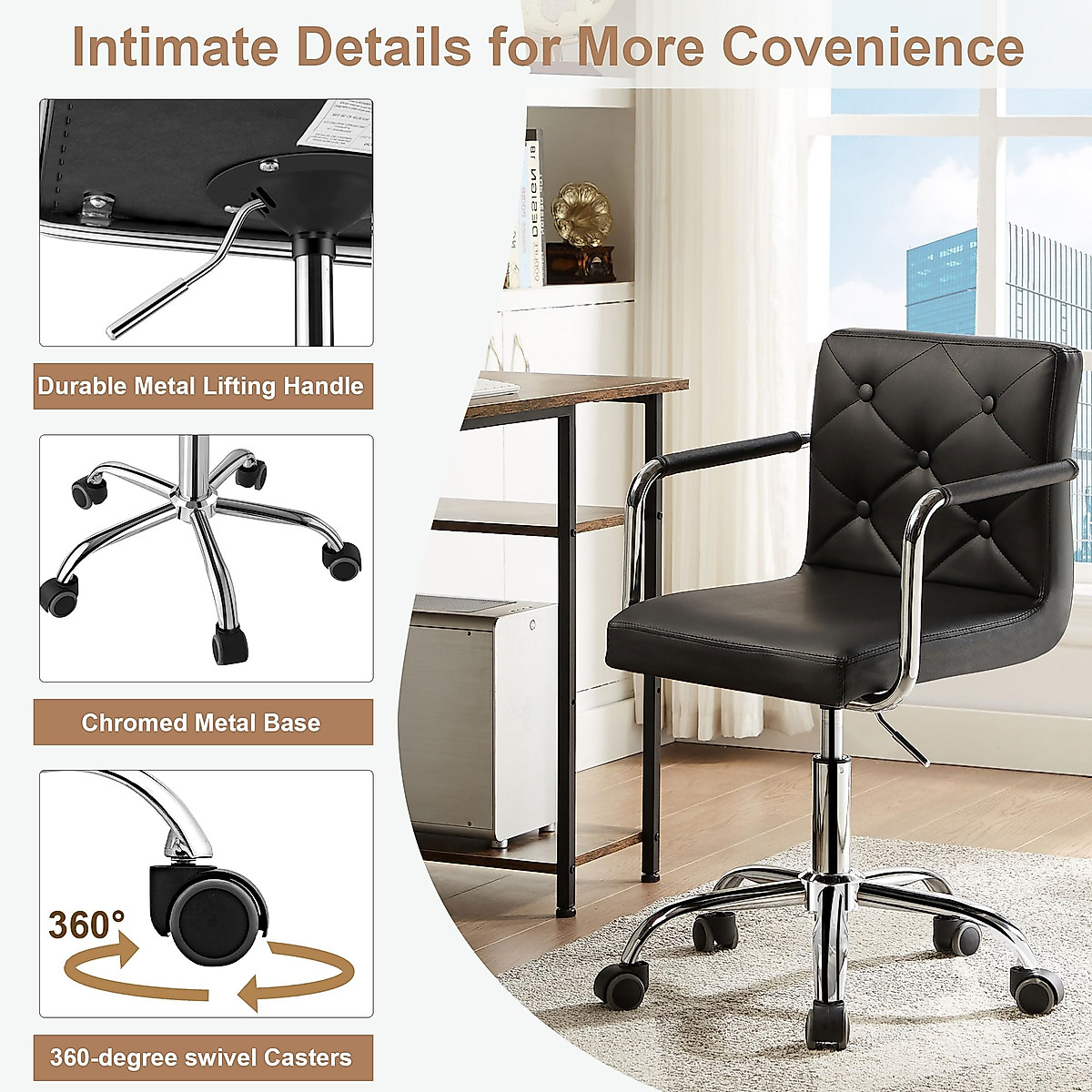 VECELO Rolling Work Chair for Home Office Desk Adjustable Height with Wheels for Study/Task 360°Swivel, Mid Back, Set of 1, Black