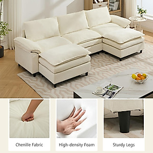 Aoowow Modular Sectional Sofa Modern Convertible U Shaped Couch,118.9 Inch Deep 3-Seater Sofas Set Comfy Chenille Cloud Sofas and Couches with Movable Ottoman for Living Room Apartment(Beige)