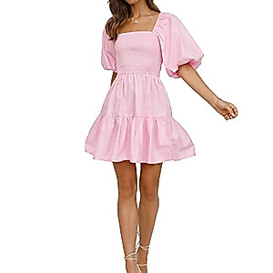 Atizon Women's Summer Smocked Dress Square Neck Puff Sleeve Casual Vintage Off Shoulder A-Line Short Mini Dress