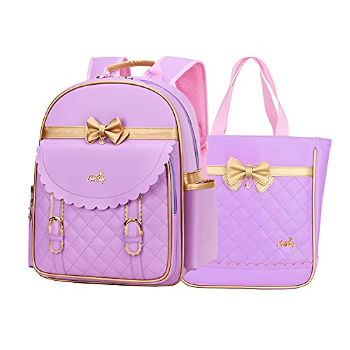 Gazigo Children Princess Waterproof PU Backpack for Elementary School Girls (Large:16.1 x 11.8 x 5.9 inch, Purple Backpack + Handbag)