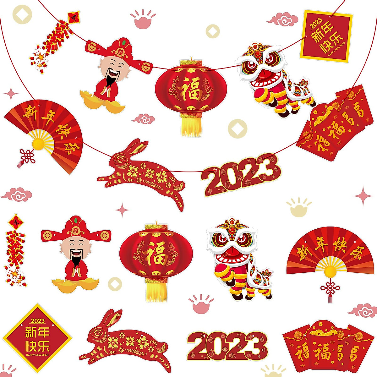 87 Pcs Chinese New Year Decorations Set 45 Chinese New Year Hanging Wall Decor 2 Red Ropes and 40 Glue Point Dots for Year of The Rabbit Chinese New Year Banner Spring Festival Party Supplies (2023)